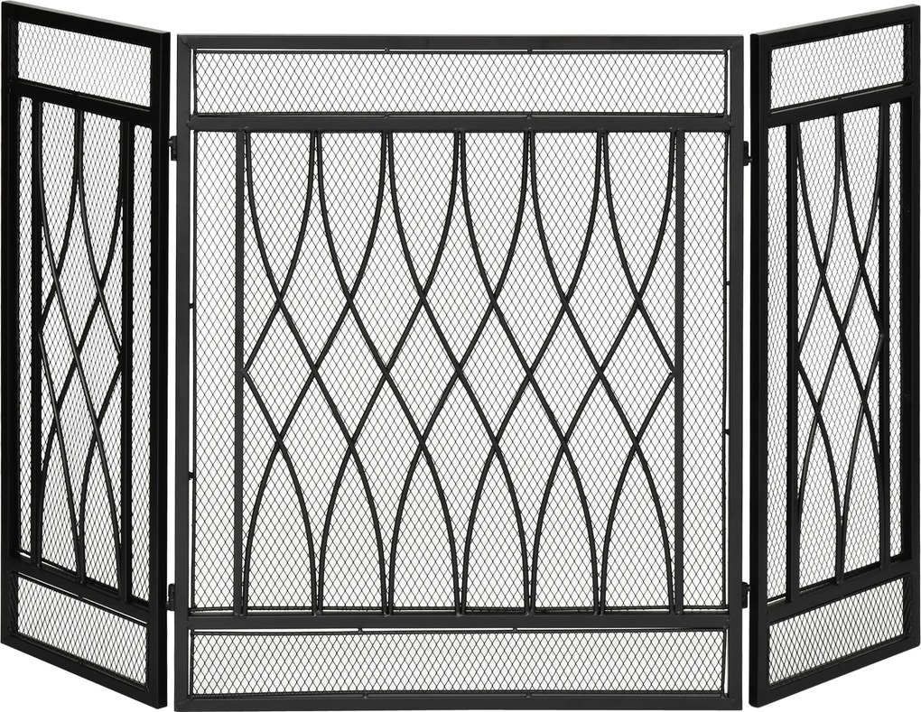 HOMCOM Skládací Ochranná Zástěna Krbu s 3 Panelovým Kloubovým Kovovým Rámem 126x3x80 cm Černá