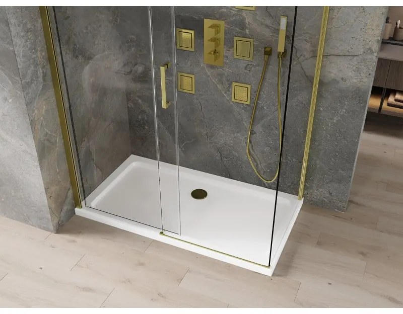 Mexen Omega posuvný sprchový kout 140 x 70 cm, 8mm sklo, zlatý profil-čiré sklo + slim sprchová vanička 5cm, 825-140-070-50-00-4010