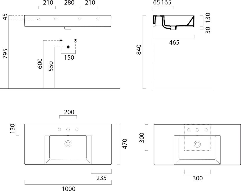 GSI, KUBE X keramické umyvadlo 100x47 cm s odkládacími plochami, bílá ExtraGlaze, 9451111