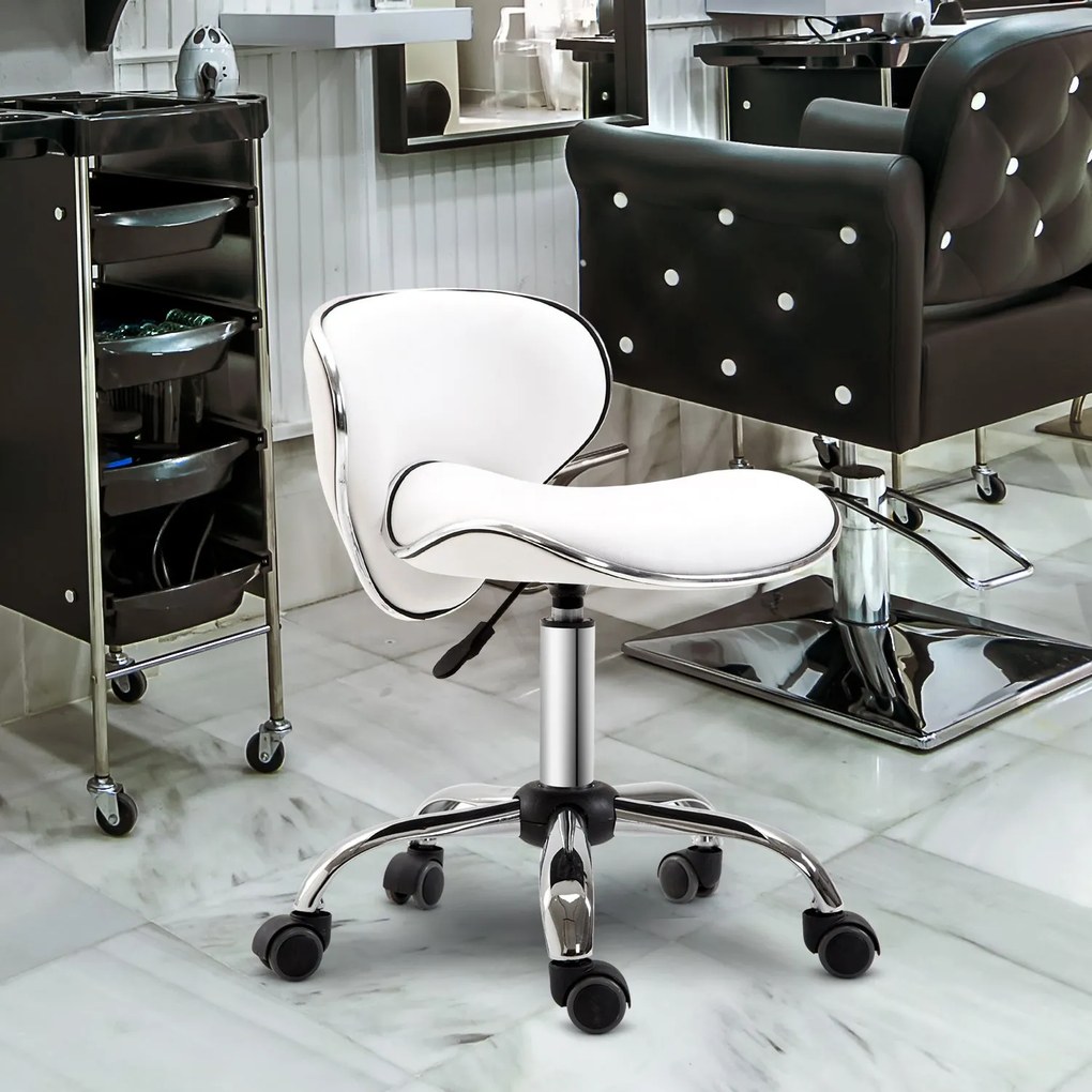 HOMCOM Rolling Stool Pracovní Stolička s Nastavitelnou Výškou 44-56 cm a Opěradlem, 360° Otočná Kancelářská Stolička pro Masážní Salón, Kancelář, Kli…