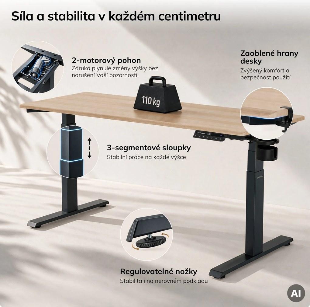 Elektrický stůl s regulací výšky ergonomický antracitový/dub sonoma,1600x800 mm: ARIA