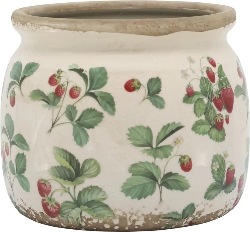 Krémový antik keramický obal na květináč s jahůdkami Fraises - Ø 15*13 cm