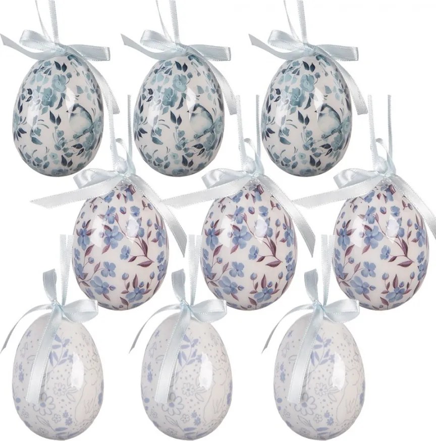 9ks dekorace bílo-modré závěsné vajíčko s květy Spring Egg - Ø 5*8 cm