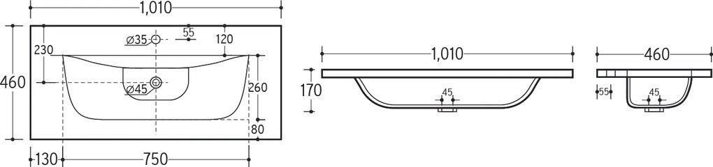 Comad Nábytkové keramické umyvadlo SKY 100/DP-8099, 101x46 cm, bílá lesklá