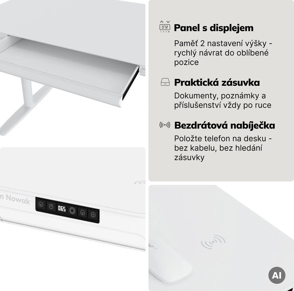 Elektrický psací stůl sit-stand se zásuvkou a bezdrátovou nabíječkou Qi bílý, 1200 mm: ELLIS