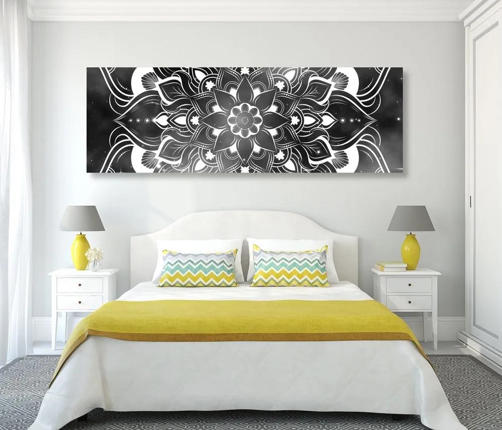 Obraz moderní Mandala s orientálním vzorem v černobílém provedení - 150x50 cm