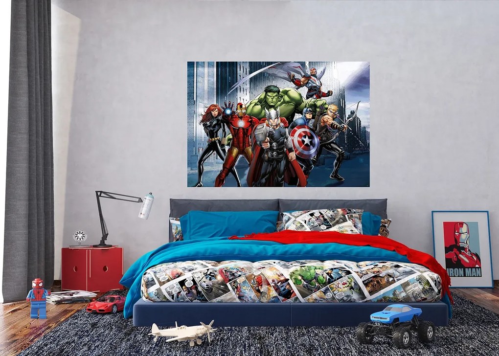 Dětská vliesová fototapeta na zed' Marvel Avengers ve Městě, Disney | 155 x 110 cm | DFTDNM 5277
