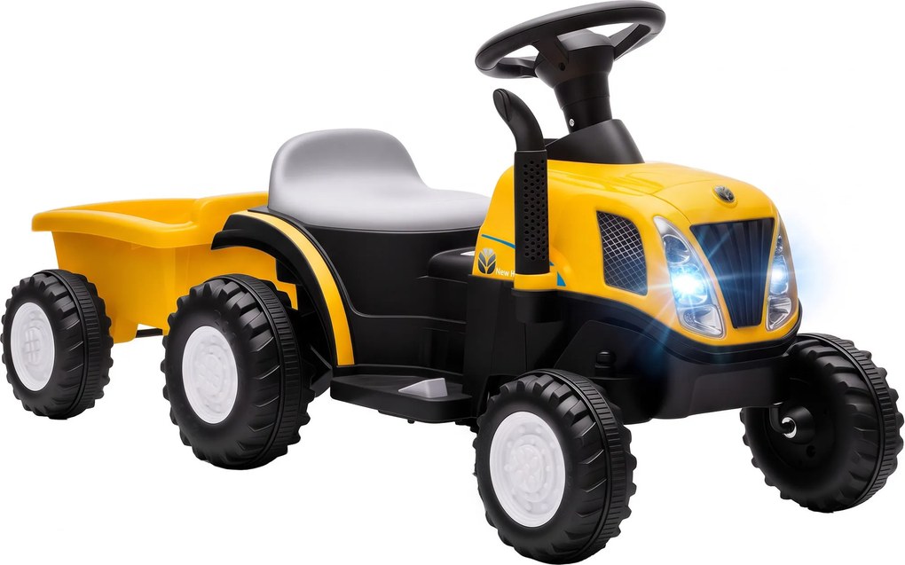 AIYAPLAY Elektrický dětský traktor s odnímatelným přívěsem, sedací traktor s lithiovou baterií, pedál na nohy, hudba, klakson, světlo, žlutá