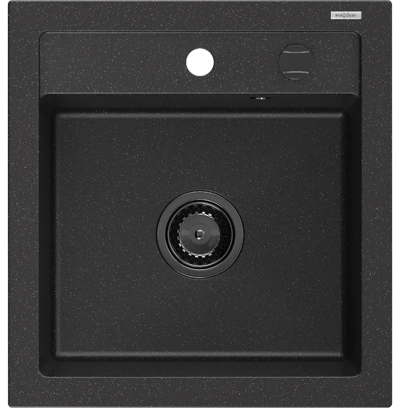 Mexen Vito, granitový dřez 520x490x210 mm, 1-komorový, černá-stříbrná metalíza s černým sifonem, 6503521000-73-B