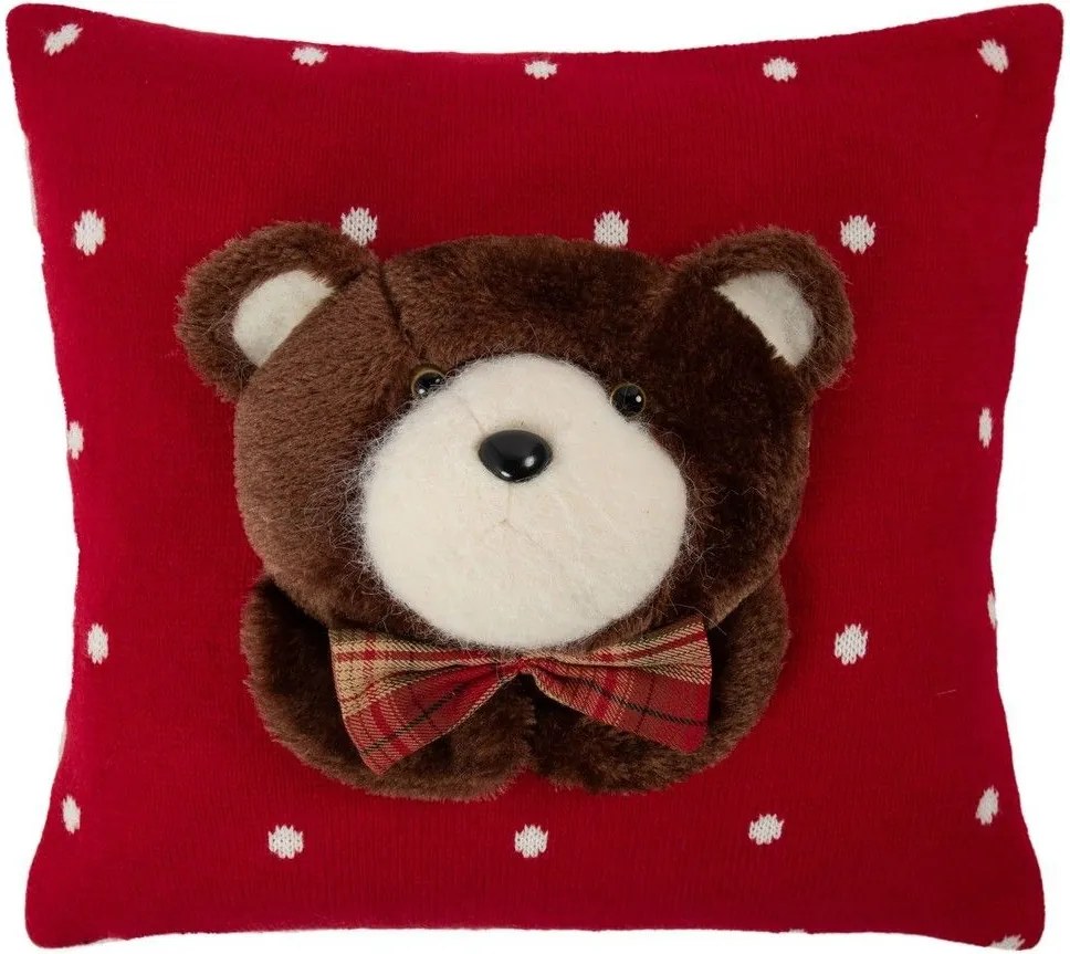 Červený pletený puntíkatý polštář s medvírkem Bear – 40*40*7 cm