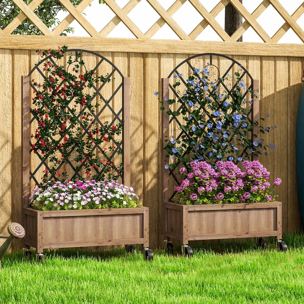 Outsunny 2-dílná sada vyvýšených záhonů s kolečky, treláž, dřevěný květináč pro espaliér, zahradní treláž 52x25x97cm pro balkon a terasu, květináč pr…