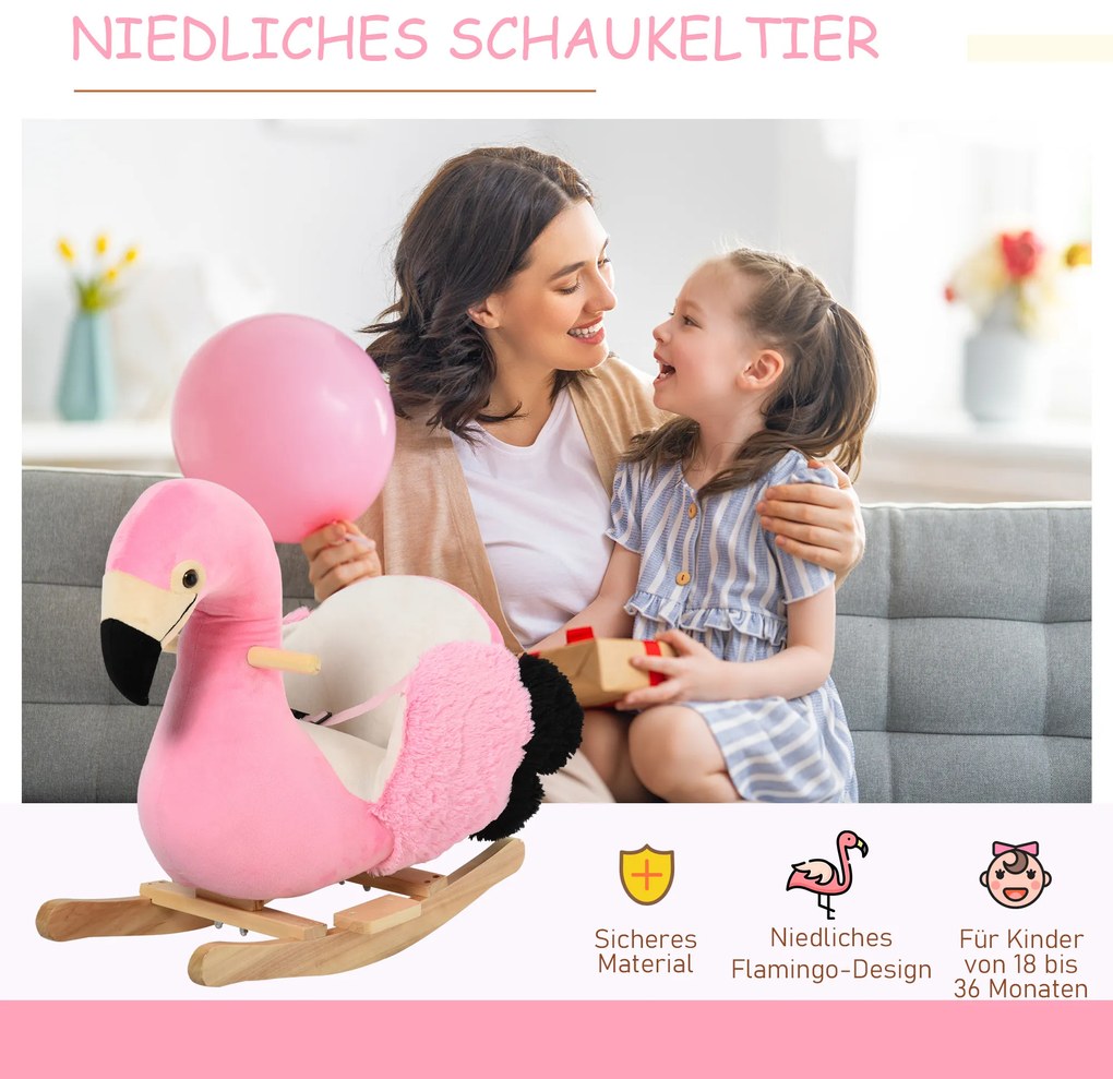 HOMCOM Houpací kůň plameňák houpací hračka s bezpečnostním pásem a držadly, plyš, 60 x 33 x 52 cm pro děti |