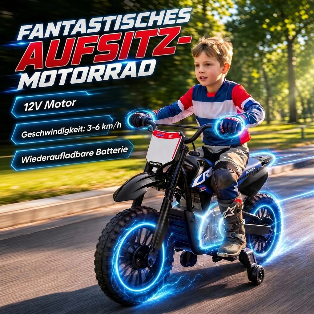 AIYAPLAY Elektro motorka pro děti HONDA CRF 450R 12V dětský motokros s 35W motorem, lithiová baterie, zadní odpružení, kola 12 palců 370-485V90BK