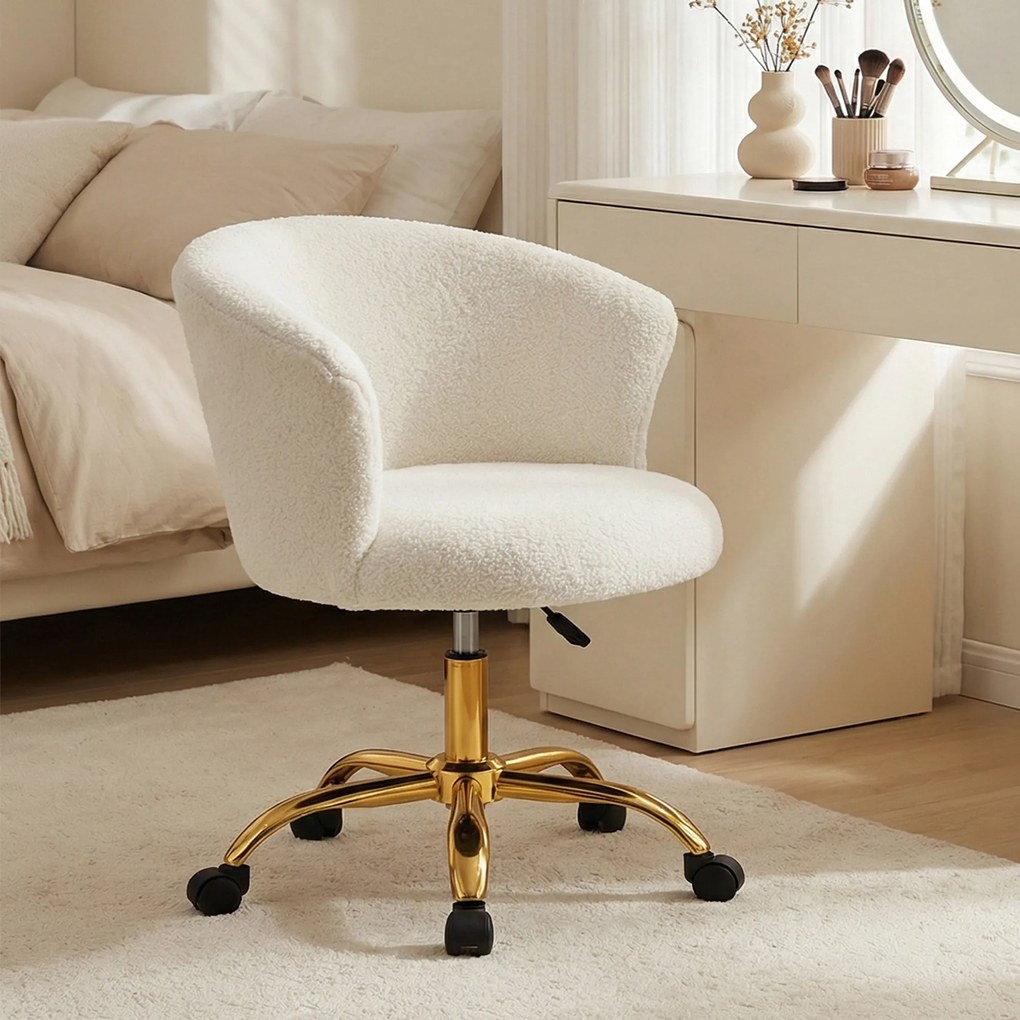Ergonomická kancelářská židle Vinsetto Teddy Fleece, kosmetická židle, otočná židle s nastavitelnou výškou, polstrované sedadlo a zlatý ocelový rám, …