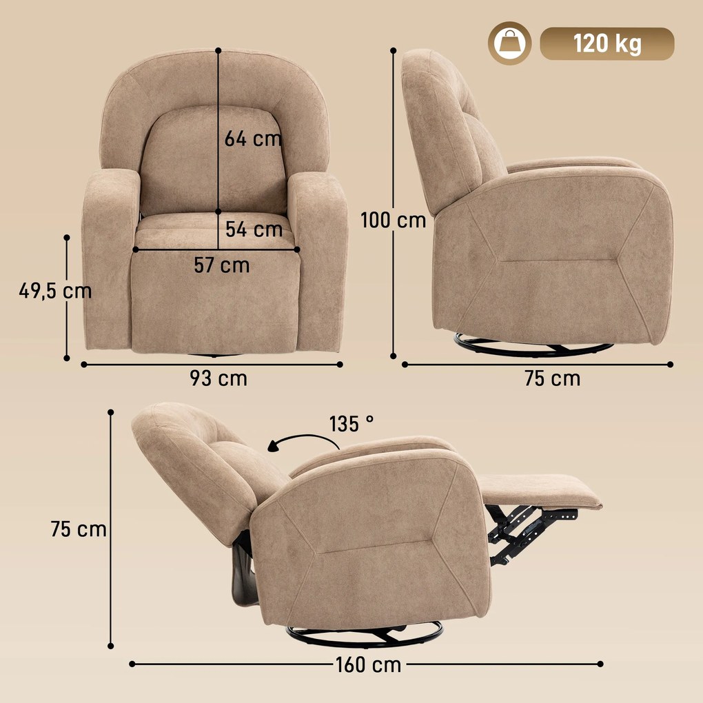 HOMCOM relaxační křeslo s plyšovým potahem – 360° otočné, houpací, sklápěcí do 135°, khaki