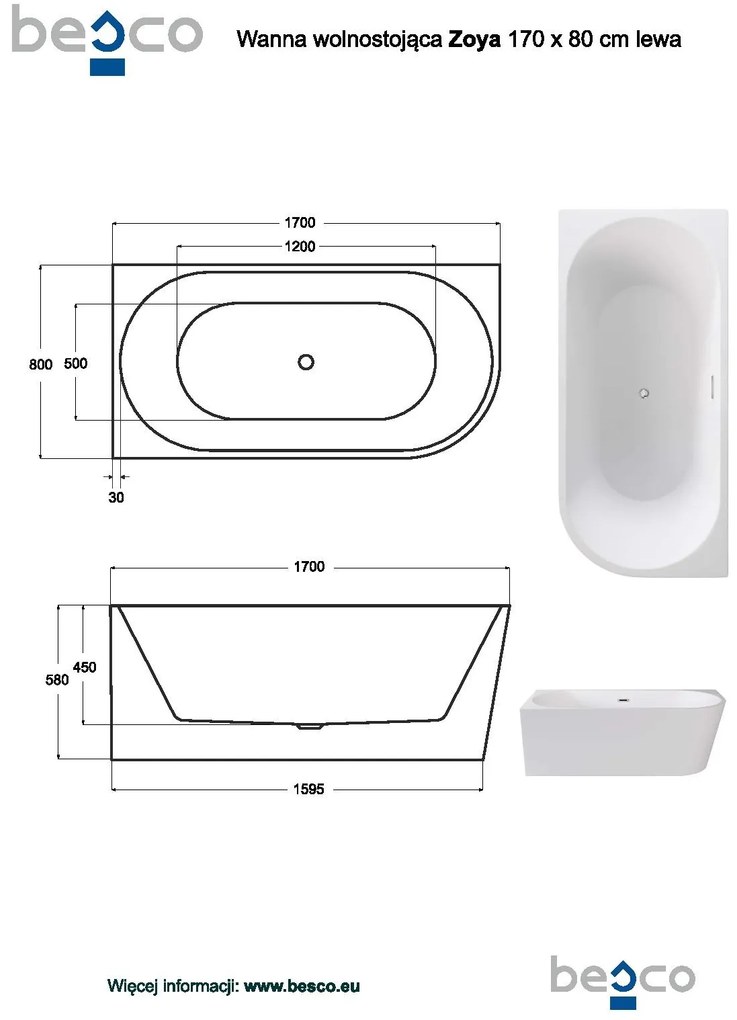 BESCO Volně stojící vana ZOYA Glam - zlatá Barva sifonu - Černá, Rozměr vany - 170 × 80 cm, Způsob provedení - Levé - VANZOYA170LBG1