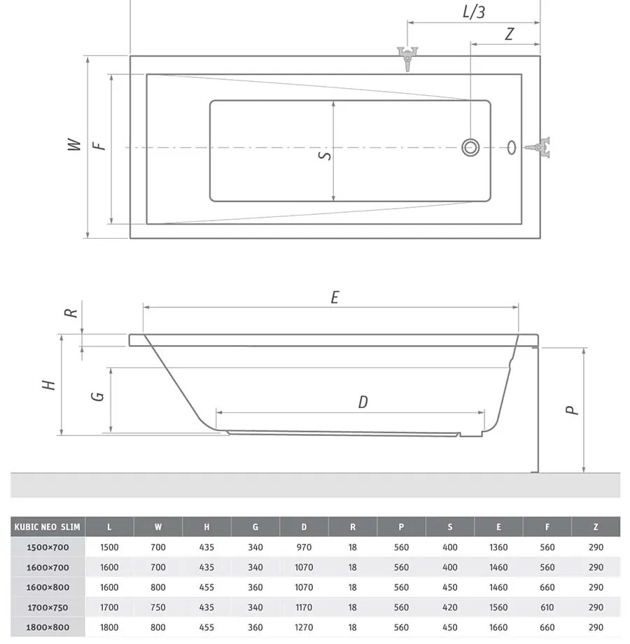 Roth KUBIC NEO SLIM obdélníková vana s extra tenkým lemem 180 x 80 cm 9340SLM