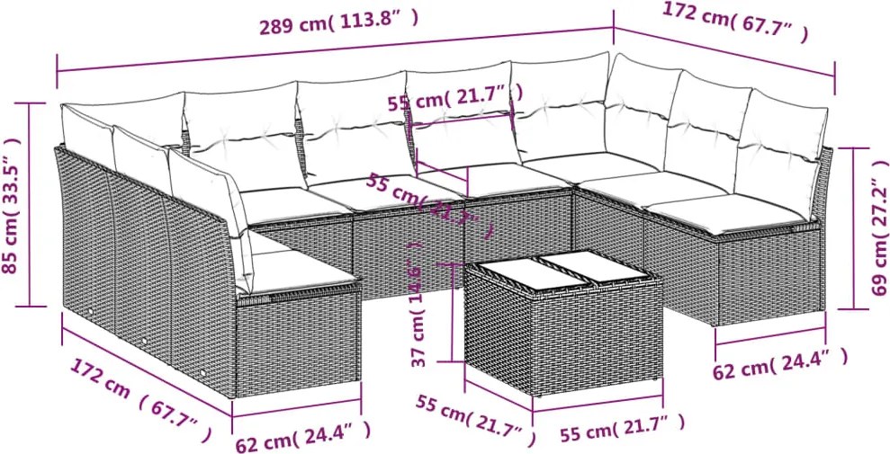 10dílná zahradní sedací souprava s poduškami hnědá polyratan 3249922