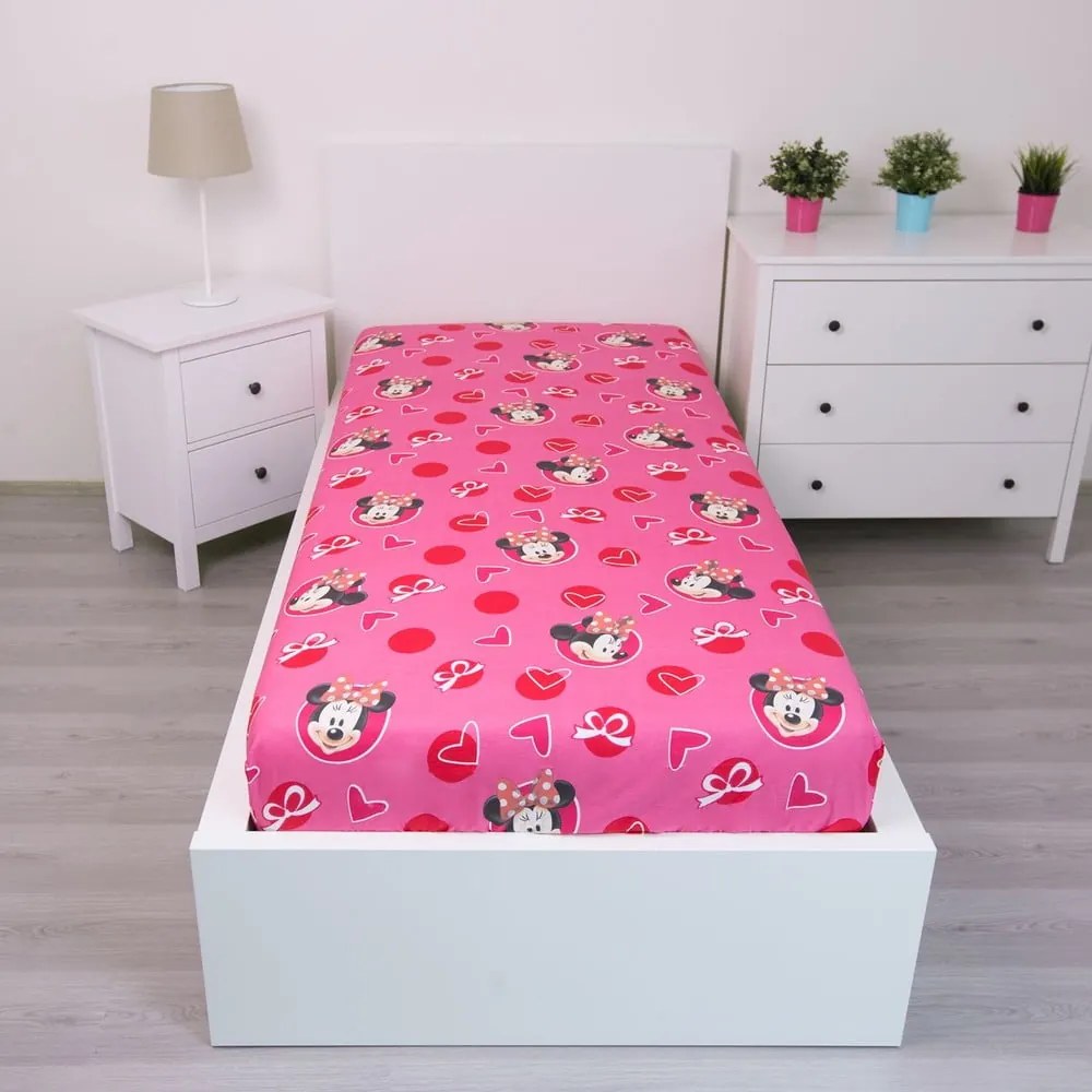 Růžové napínací bavlněné dětské prostěradlo 90x200 cm Minnie "Hearts" – Jerry Fabrics