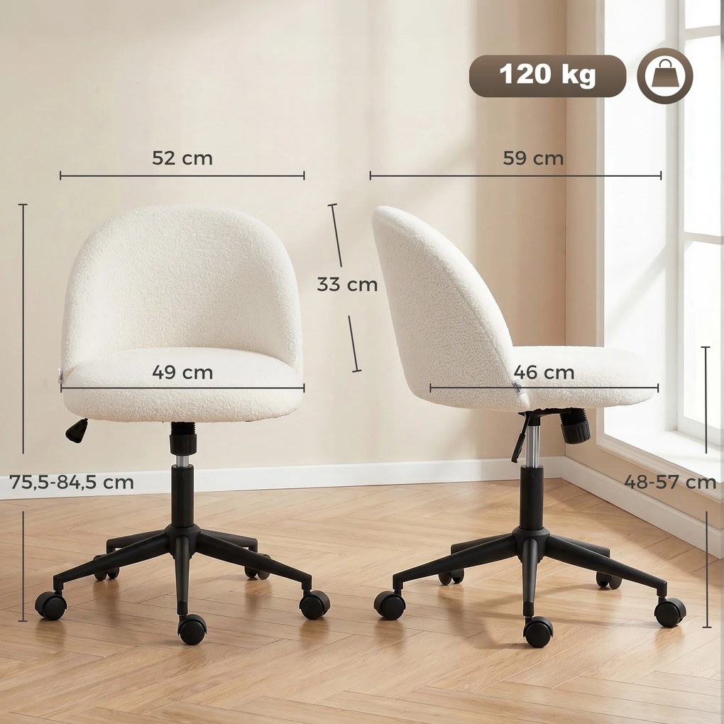 HOMCOM polohovatelné kancelářské křeslo s teddy fleece, otočné kolečka, náklon – nosnost 120 kg, křeslo ke toaletnímu stolku/do ložnice – krémové