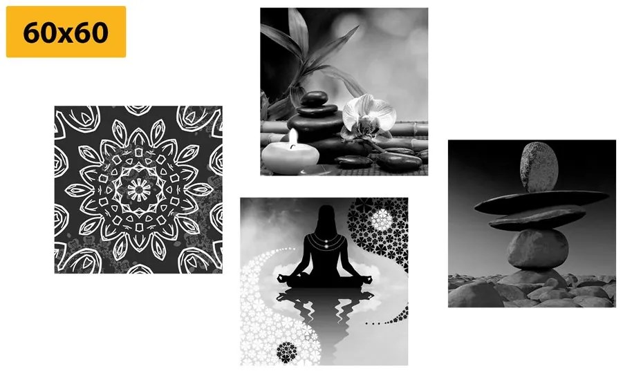 Set obrazů harmonie Feng Shui v černobílém provedení