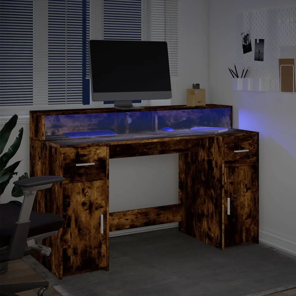 Psací stůl s LED kouřový dub 140 x 55 x 91 cm kompozitní dřevo 3309424