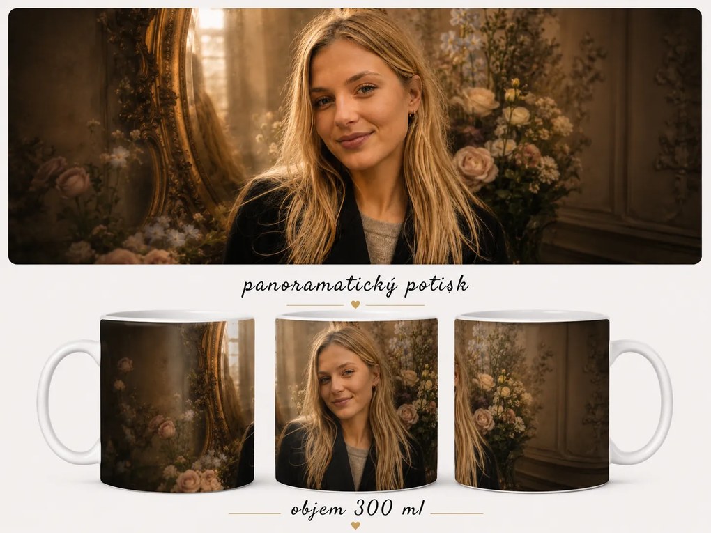 Hrnek s portrétem z vlastní fotografie – panoramatický potisk | 16 uměleckých stylů Styl portrétu:: Romantic Fine-Art