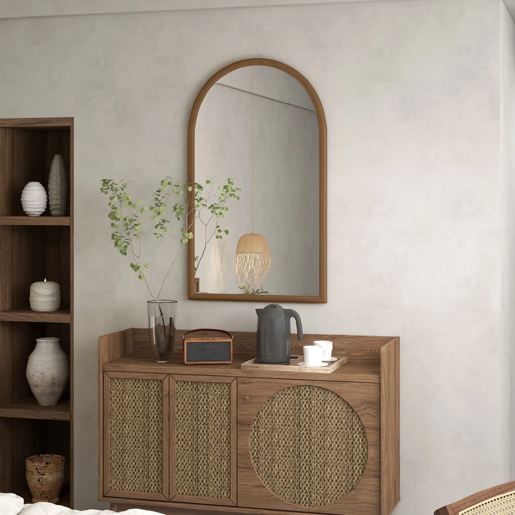 HOMCOM Zrcadlo s klenutým rámem, 110 x 65 cm, dřevěný rám, klenuté zrcadlo pro obývací pokoj, ložnici, vstupní chodbu, tmavě hnědé