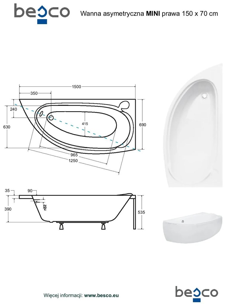 BESCO Asymetrická vana MINI Nožičky k vaně - S nožičkami, Rozměr vany - 150 × 70 cm, Způsob provedení - Pravé - VANMINI150P+OLVPINOZ