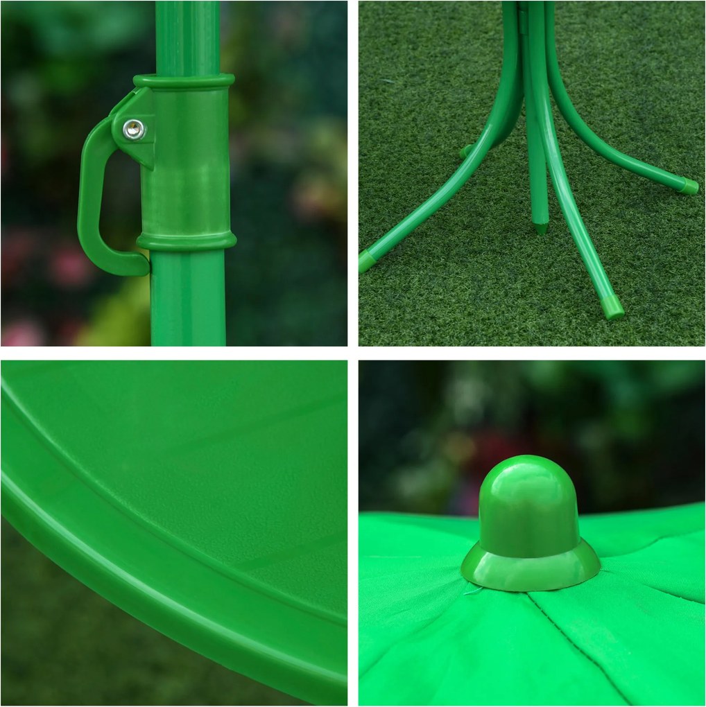 Zahradní set Outsunny pro děti – stůl a židle na piknik, skládací set pro děti se nastavitelným deštníkem 100-125 cm, design žabky, zelený