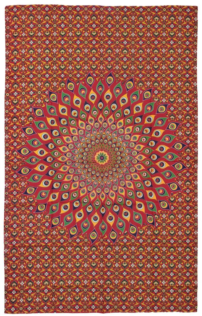 Sanu Babu Přehoz na postel, červeno-žlutý, Mandala paví pera 200x130cm