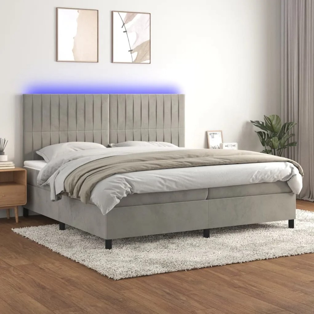 Box spring postel s matrací a LED světle šedá 200x200 cm samet 3136263