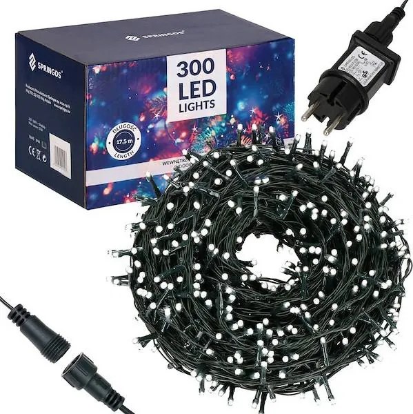 LED světelný řetěz - 17,5m, 300LED, 8 funkcí, IP44, studená bílá