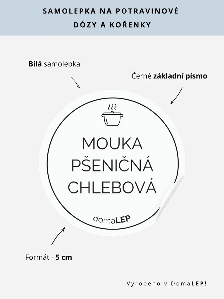 MOUKA PŠENIČNÁ CHLEBOVÁ - omyvatelná samolepka na dózu, výběr rozměrů Ø 5 cm / 5 x 5 cm / 6 x 8 cm | DomaLEP
