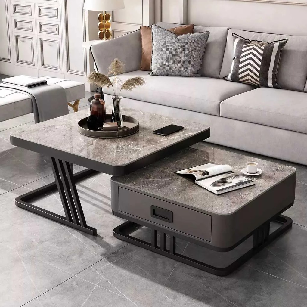 LuxuryForm DESIGN Konferenční stolek TITAN 70 × 70 / 60 × 60 cm – šedý, šedý mramor (set 2 ks)