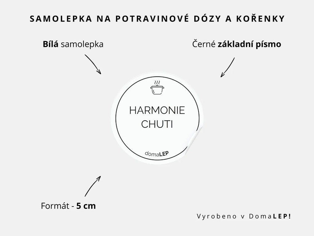 HARMONIE CHUTI - omyvatelná samolepka na kořenky, výběr rozměrů Ø 5 cm / 5 x 5 cm / 6 x 8 cm | DomaLEP tvar: OBDÉLNÍK, barva: BÍLÁ - ČERNÉ písmo, velikost: š. 6 cm x v. 8 cm – základní písmo