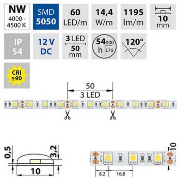 LED pásek McLED 12V neutrální bílá š=10mm IP54 14,4W/m 60LED/m SMD5050 ML-121.675.60.0