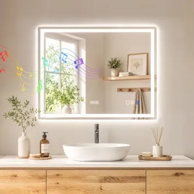 HOMCOM LED koupelnové zrcadlo Bluetooth 90 x 70 cm dotykový spínač, stmívatelné světlo 3 barvy, protimlž, paměť, stříbrné