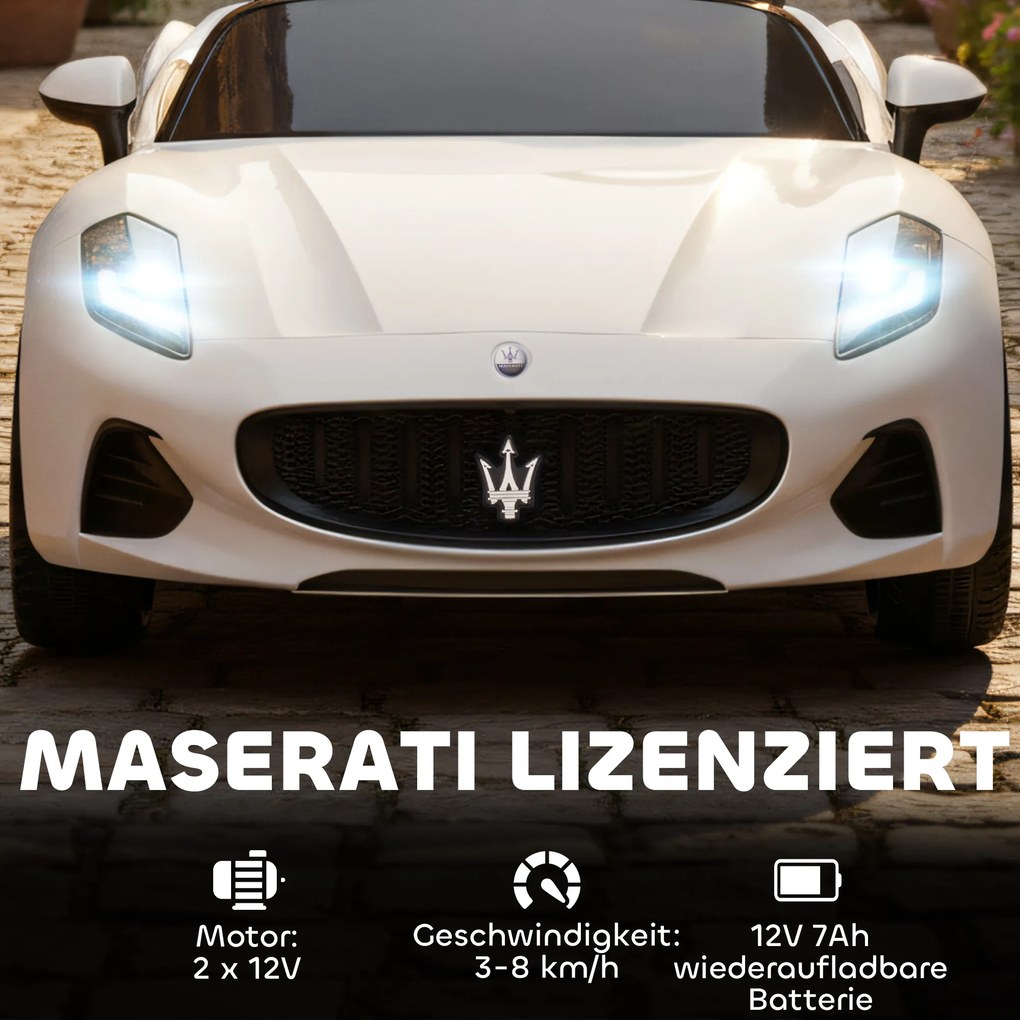 AIYAPLAY Dětské elektroauto Maserati, dvoumístné, 12V napájení z baterie, dálkové ovládání, LED světla, hudební funkce, bílé