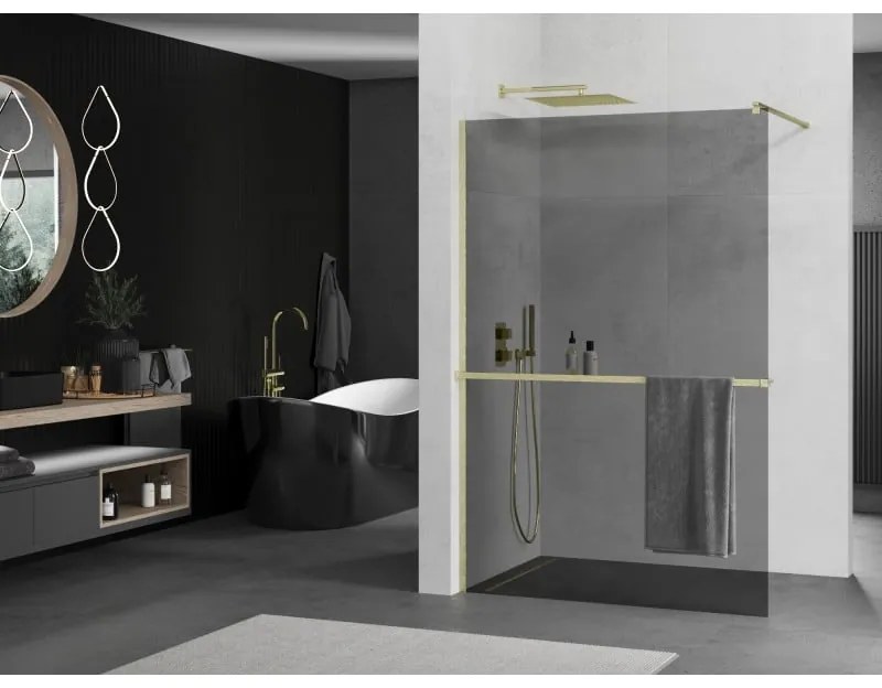 Mexen Kioto+, sprchová zástěna Walk-In s poličkou a věšákem 120 x 200 cm, 8mm šedé sklo, zlatý matný profil, 800-120-121-55-40