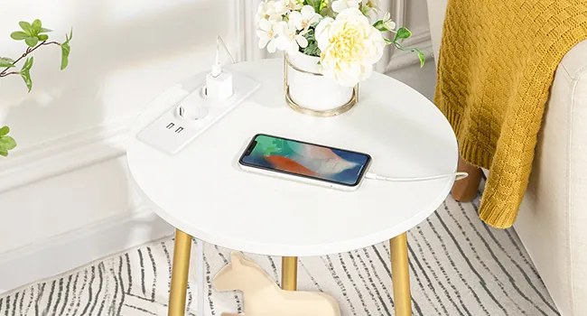 Kulatý odkládací stolek Vasagle Luretta 40 cm s nabíjecí stanicí bílý/zlatý