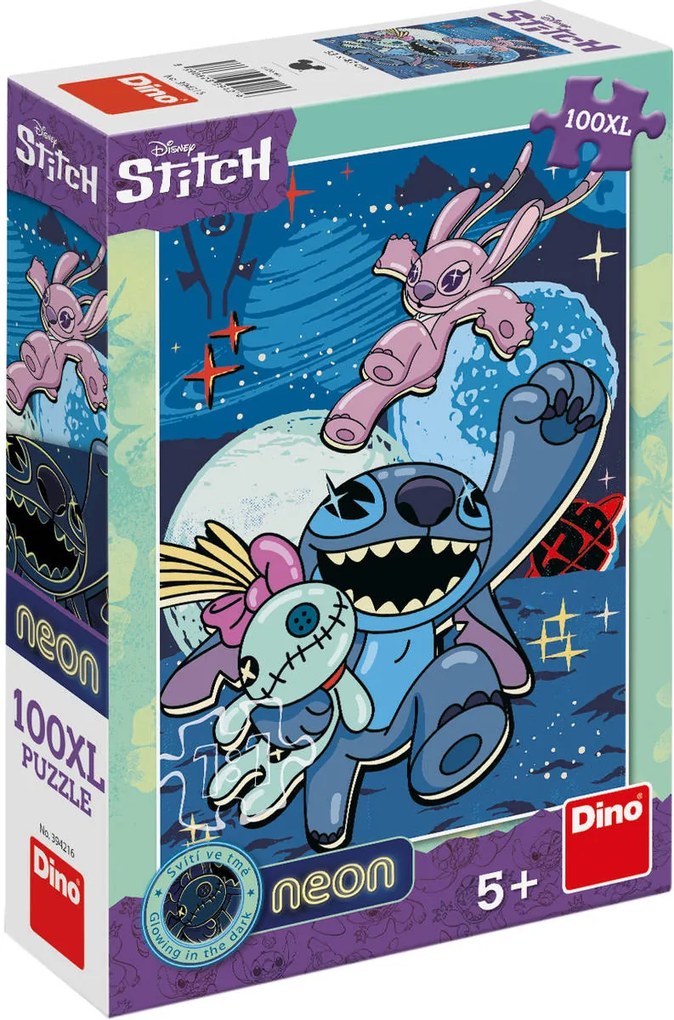 DINO Puzzle XL Stitch 100 dílků neon skládačka 33x47cm svítí ve tmě dn394216