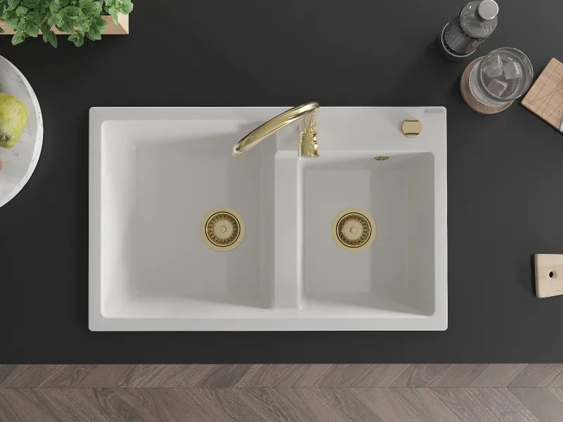Mexen Tomas, granitový dřez 800x500x190 mm, 2-komorový, bílá se zlatým sifonem, 6516802000-20-G
