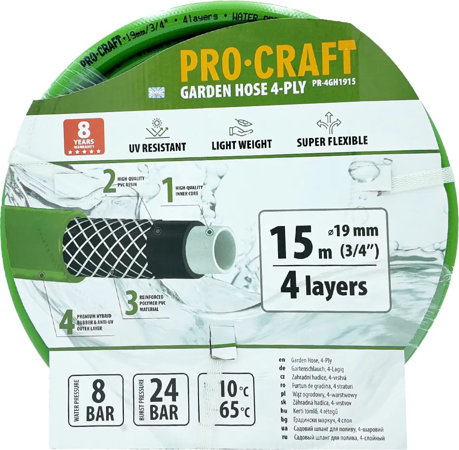 Procraft PR-4GH1915 - zelená zahradní hadice,, 4 vrstvy, 3/4", 15m