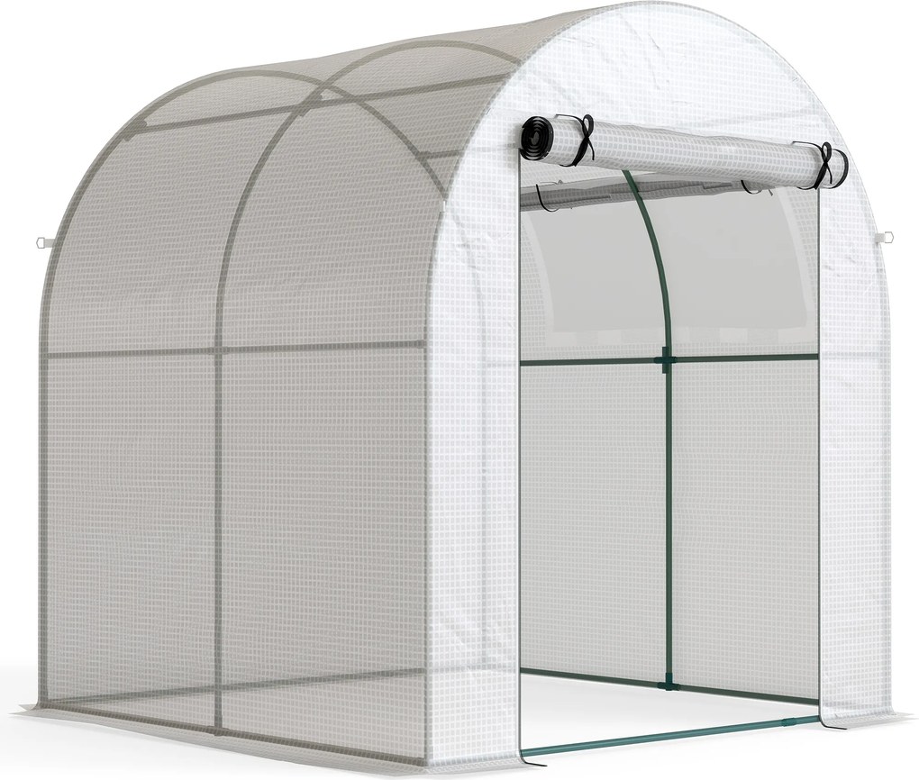 Zeleninový skleník Outsunny 180x180x200 cm Malý tunelový skleník s rolovacím dveřmi a oknem pro pěstování rostlin a květin Bílá