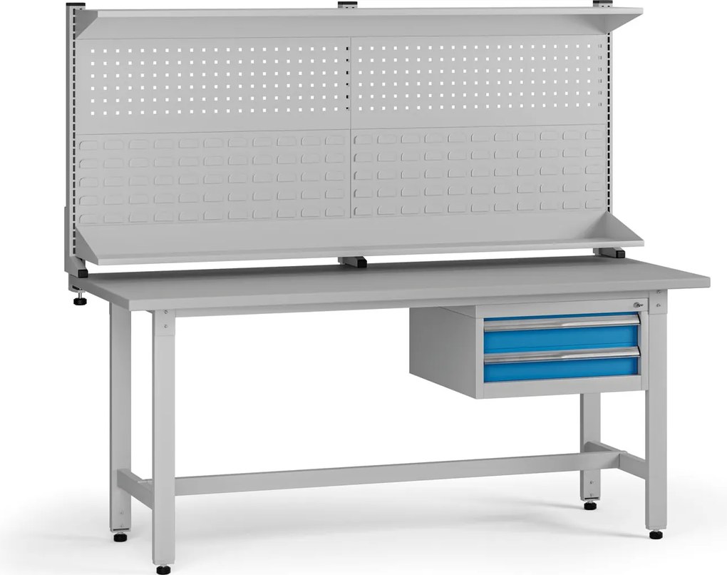 Výškově nastavitelný dílenský stůl G5 s nástavbou, 1800 x 750 x 800-1000 mm, 1x kontejner, 2 zásuvky, modrá