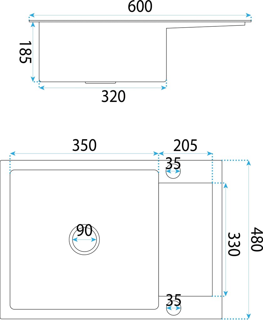 Rea Paul, 1-komorový ocelový dřez 600x480x185 mm, černá matná, ZLE-06011