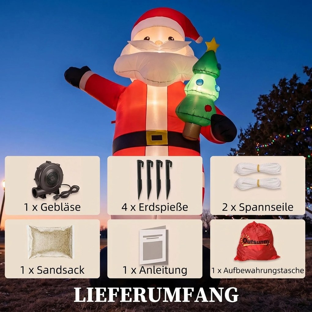 Outsunny Nafukovací Santa Claus, 243 cm, s jasným LED světlem, vánoční dekorace pro vnitřní i venkovní použití, červená