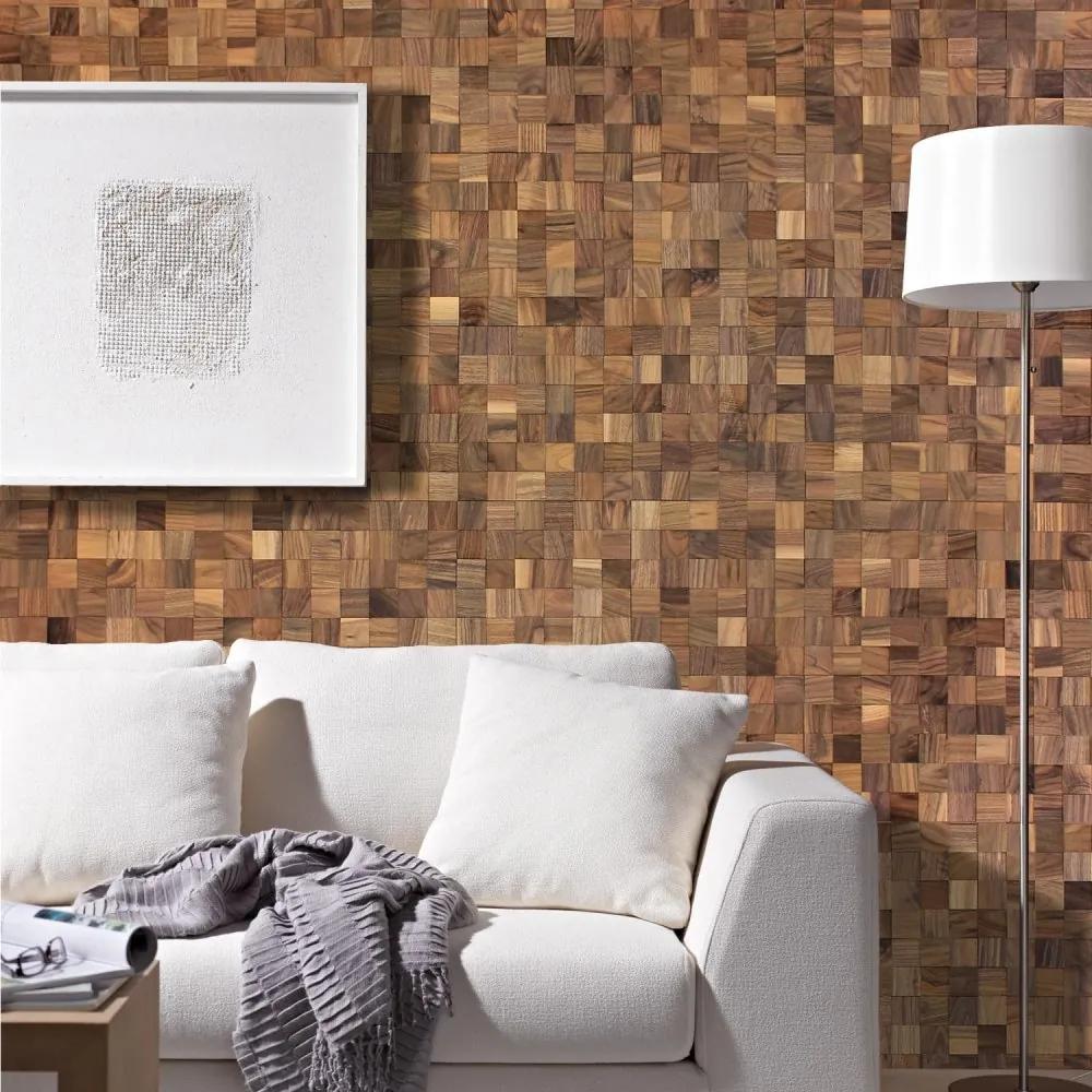 OŘECH 50, jednotlivé kusy 50 x 50 mm (0,0025 m²) nebo samolepící panel 300 x 300 mm (0,09 m²) - dřevěná mozaika 3D Broušený - olejovaný 6 mm