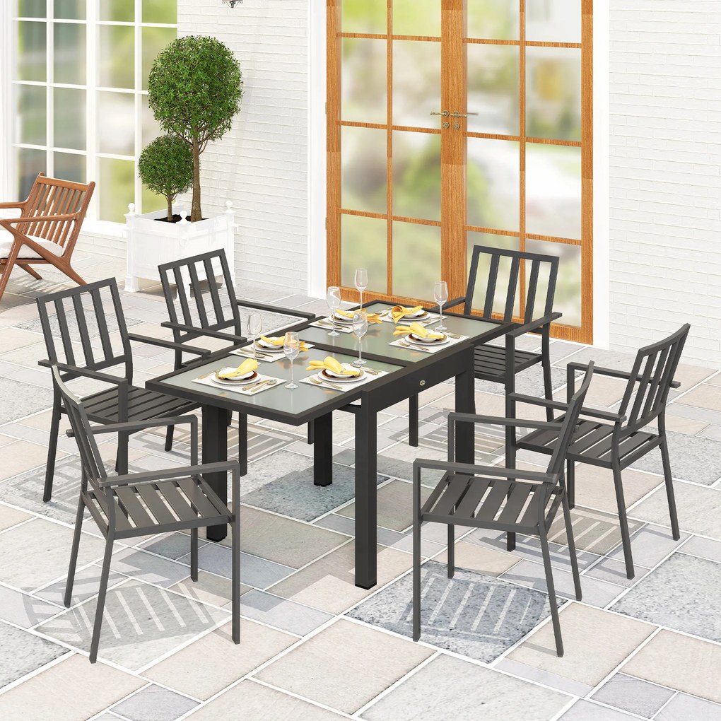 Outsunny Velký Rozšiřitelný Zahradní Stůl rozložené rozměry 160D x 80Š x 75V cm Tmavě Šedý Hliníkový Stůl s Temperovaným Sklem Transparentní